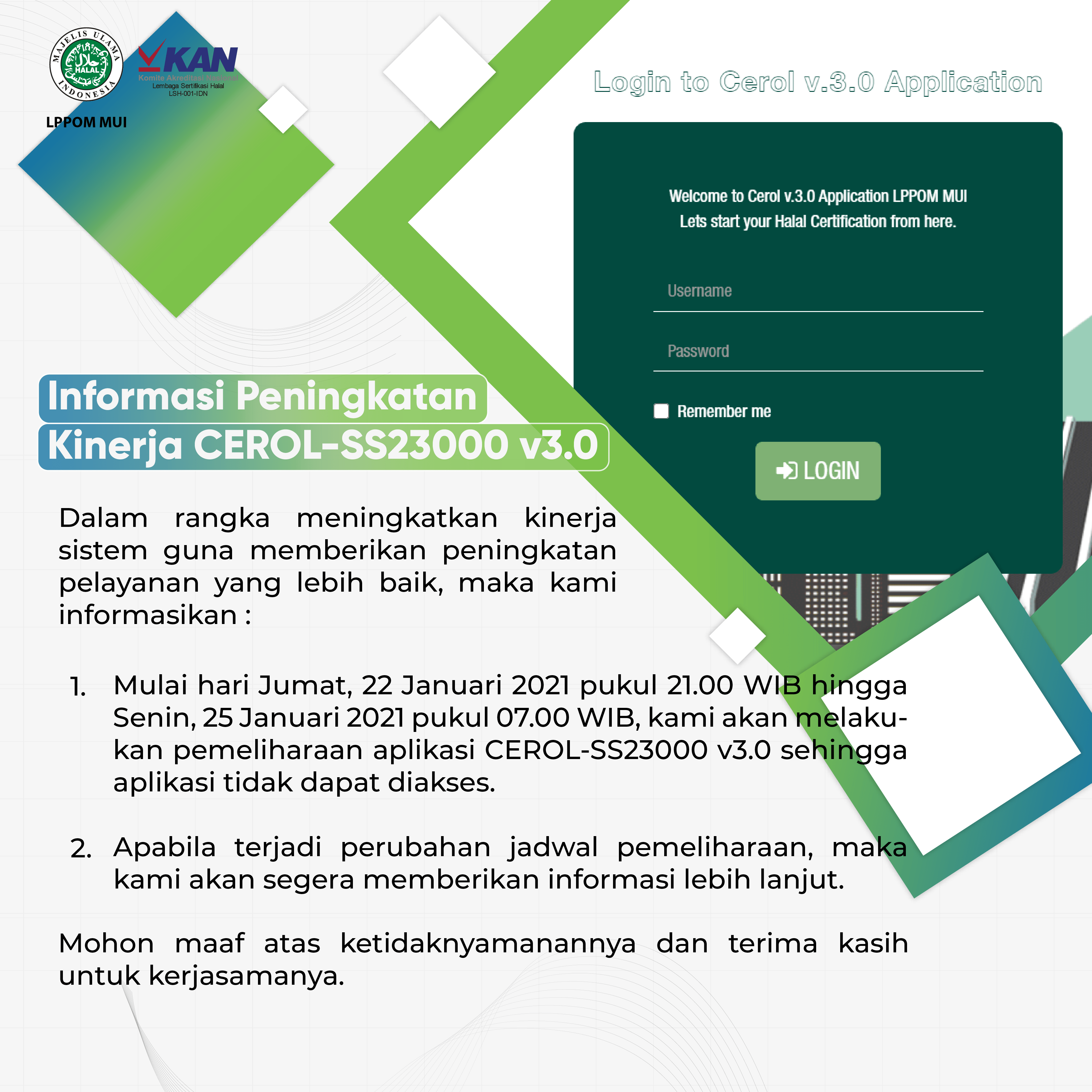 Informasi Peningkatan Kinerja CEROL-SS23000 v3.0 - LPPOM MUI